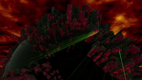 Dystopia city world burt sky green beams... | Stock Video | Pond5