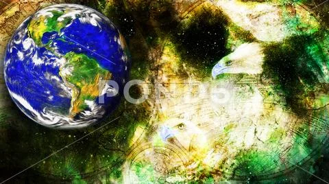 Eagle and planet earth and old map in cosmic space.: Graphic #77536553
