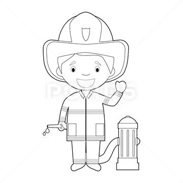 Easy coloring cartoon vector illustration of a firefighter.: Graphic ...