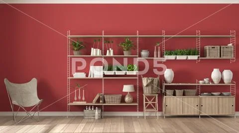 Eco red interior design with wooden bookshelf, diy vertical garden ...