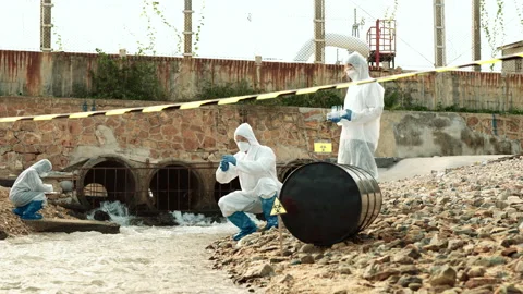 Ecologists sample water contaminated wit... | Stock Video | Pond5