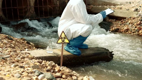 Ecologists sample water contaminated wit... | Stock Video | Pond5