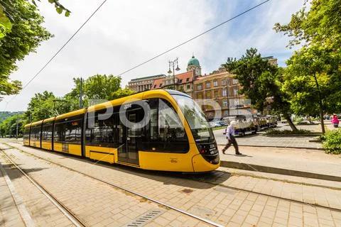 Photograph: Editorial, Modern Budapest Tram with dome of Buda Castle in ...