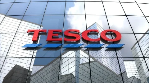 Editorial, Tesco plc logo on glass build... | Stock Video | Pond5