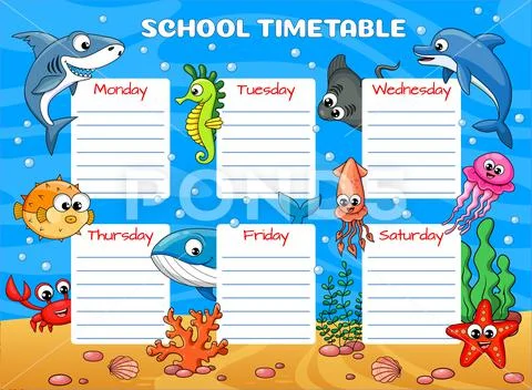 Education timetable schedule, cartoon sea animals: Graphic #184939049