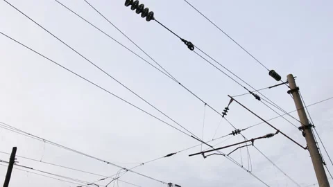 Electric wires on the railway. Transmiss... | Stock Video | Pond5