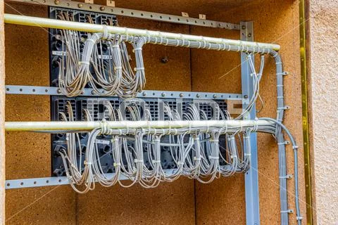Electrical installation with white wires in a disused relay box Stock ...