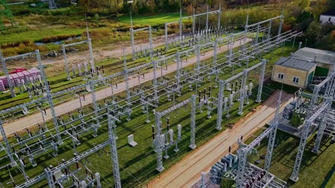 Electrical power substation with pylon t... | Stock Video | Pond5