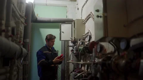 Electrician inspecting control panel wit... | Stock Video | Pond5