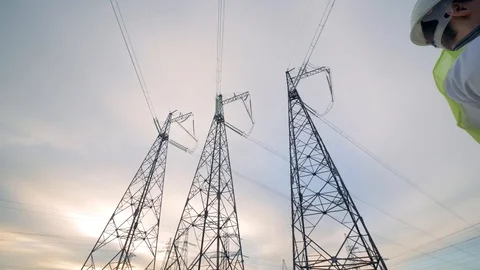 Electricians work at transmission lines,... | Stock Video | Pond5