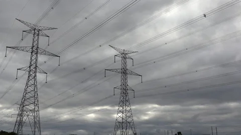 Electricity grid transmission towers and... | Stock Video | Pond5