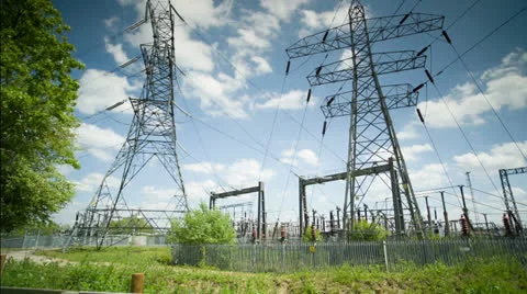electricity pylons power plant clouds sk... | Stock Video | Pond5