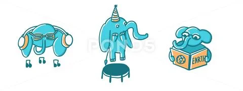 Elephants set in different situations in cartoon flat style: Royalty ...