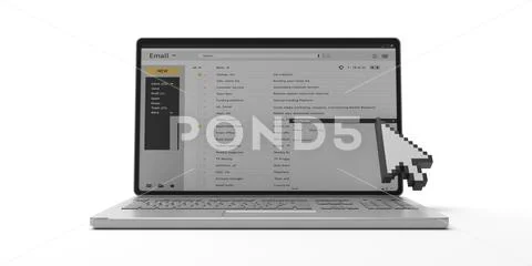 Emails list and mouse cursor pointer on a computer laptop screen ...