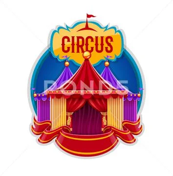 Emblem sign of circus marquee with red curtains. Vector illustration ...