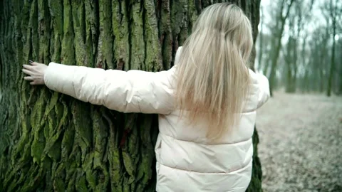 Embraced Tree. Woman Enjoying In Wood. E... | Stock Video | Pond5