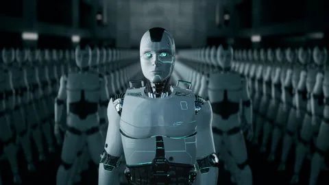 Emergence of AI Robot Waking Up in a Fac... | Stock Video | Pond5