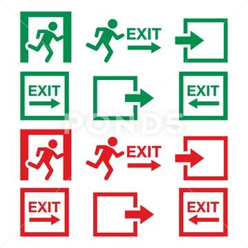 Emergency exit sign, warning icons vector set in green and red: Royalty ...
