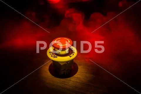Emergency stop button, Disaster protection. Industrial concept. Red ...