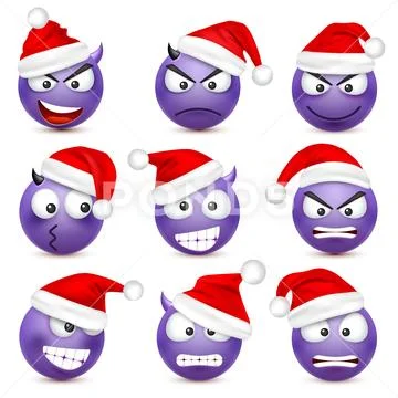 Emoji, emoticon set. Face with emotions and Christmas hat. New Year ...