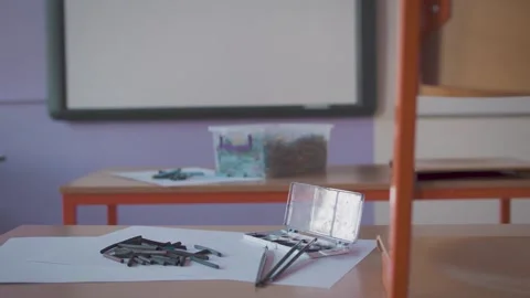 Empty classroom. On the tables crayons a... | Stock Video | Pond5