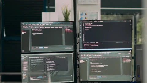 Empty office desk with multiple screens ... | Stock Video | Pond5