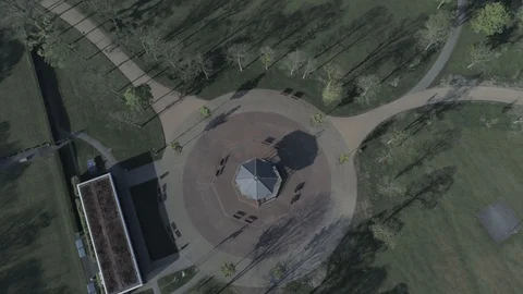 Empty park pavilion pathways aerial view... | Stock Video | Pond5