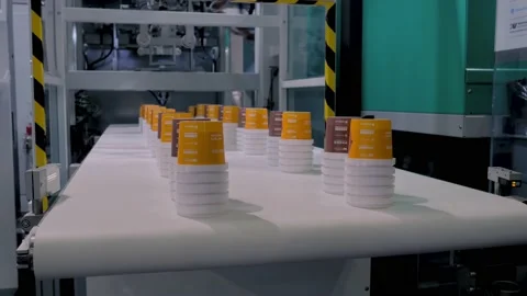 Empty plastic cups moving on conveyor be... | Stock Video | Pond5