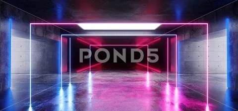 Empty Sci Fi Futuristic Concrete Hall Garage Underground Room Neon ...
