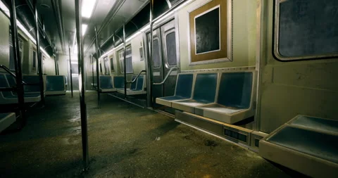Empty subway car with worn seats and dim... | Stock Video | Pond5