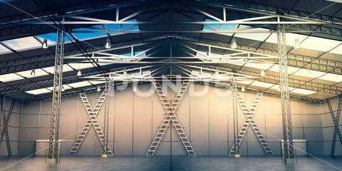 Empty warehouse with roof windows and several pillars - 3D illustration ...
