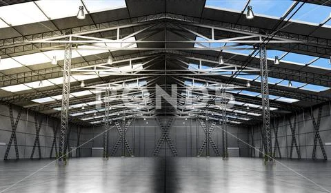 Empty warehouse with roof windows and several pillars - 3D illustration ...