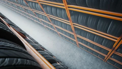 Endless shelves with car wheels. Stacks ... | Stock Video | Pond5
