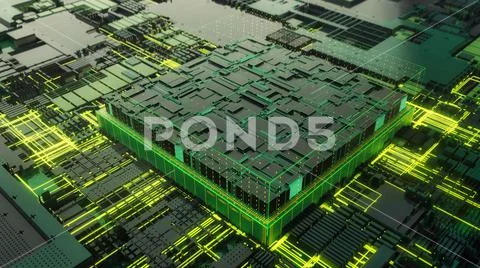 Energy flows from CPU into motherboard. Technology background. Stock ...