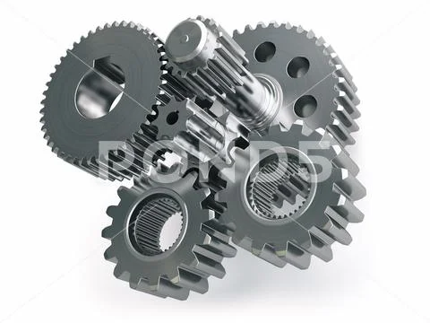 Engine gears wheels and cogwheels isolated on white background ...