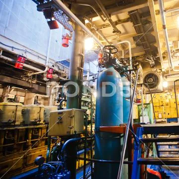 Photograph: Engine Room on a cargo boat ship interior, ship's engine ...
