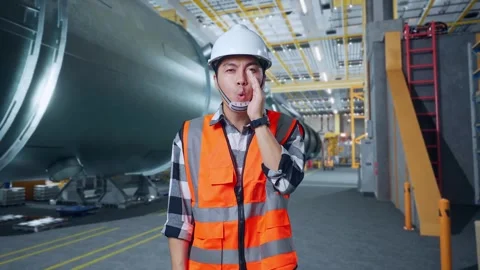Engineer Yelling With Hand Over Mouth In... | Stock Video | Pond5