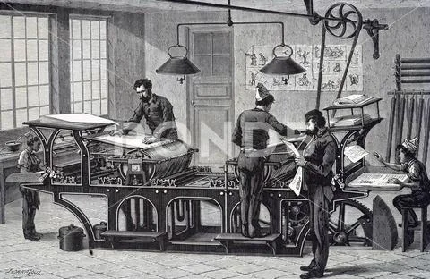 Engraving depicting a printing press by a steam engine. Power was ...