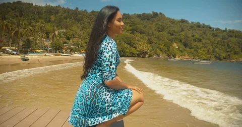 Epic pose from a model on a jetty in the... | Stock Video | Pond5