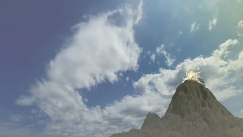 Erupting volcano on blue sky background,... | Stock Video | Pond5