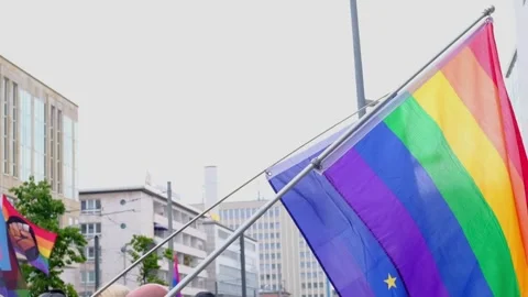 eu national flag on satin, LGBT rainbow ... | Stock Video | Pond5