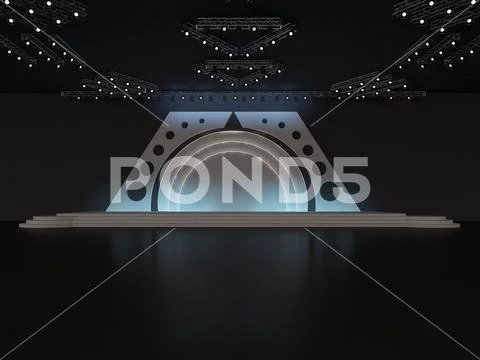 Event empty stage design with stairs front view. circle design backdrop ...