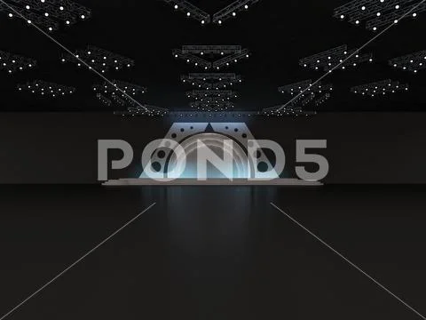 Event empty stage design with stairs front view. circle design backdrop ...
