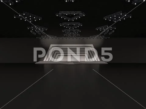 Event empty stage with stairs in front view, projection on the backdrop ...