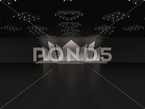 Event empty stage with stairs in front view, projection on the backdrop ...