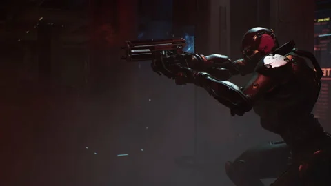 The evil robot storms into the sci-fi pe... | Stock Video | Pond5