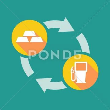 Exchange sign with gold bars and a gas station: Graphic #52953153