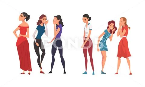 Excited girls gossiping behind stressed girls set cartoon vector ...