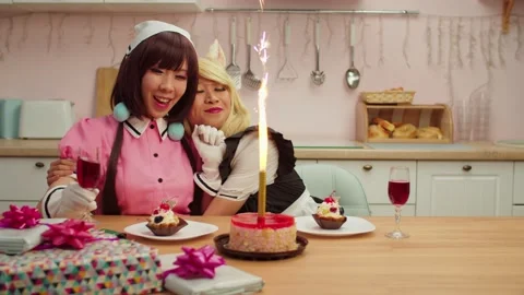 Excited pretty Asian females in cosplay ... | Stock Video | Pond5