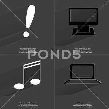 Exclamation mark, Monitor, Note sing, Notebook. Symbols with long ...